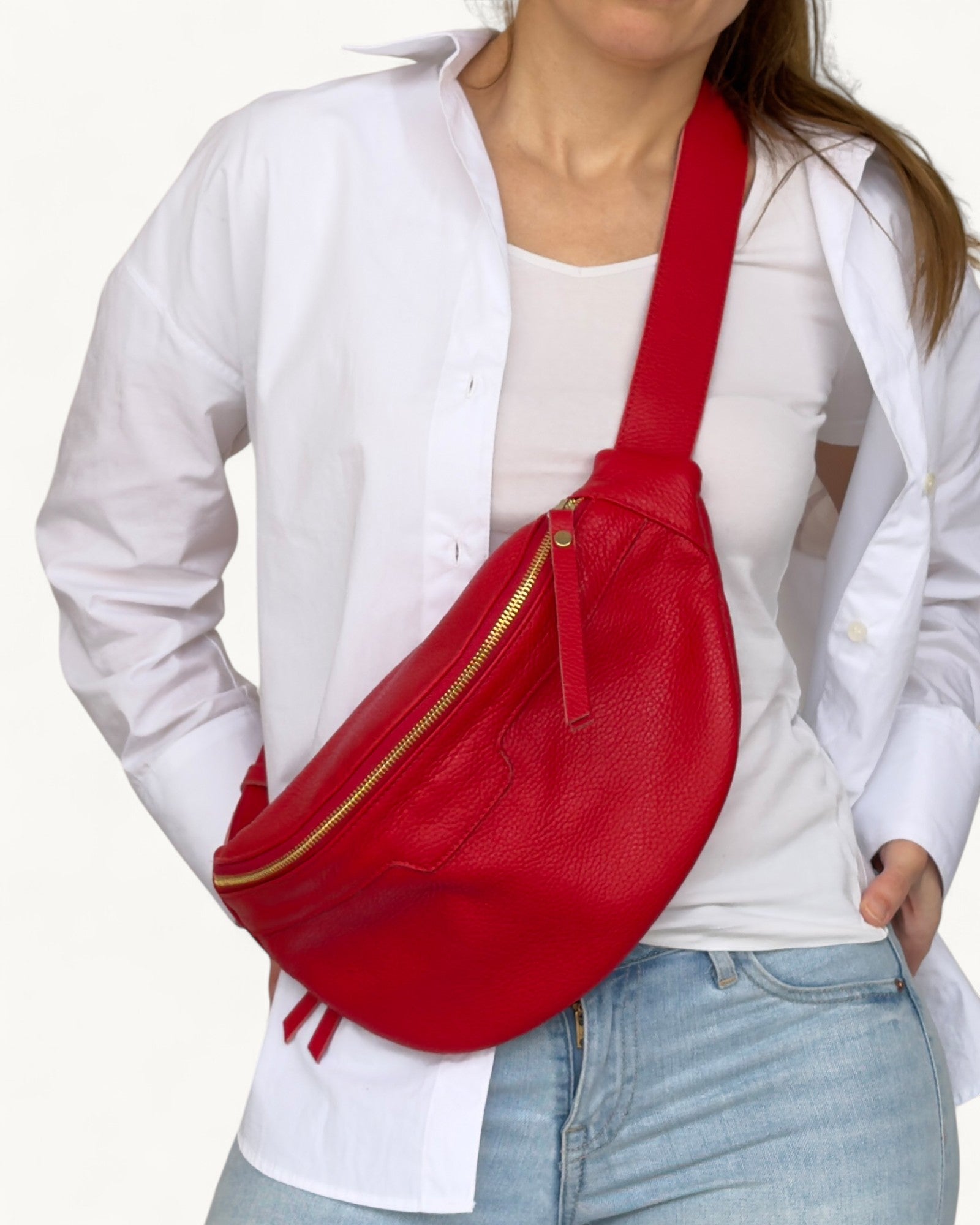 Medium Red Leather Sling Bag - Slouchy Crossbody Fanny Pack